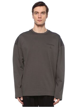 Juun.J Erkek Gri Bisiklet Yaka Baskı Detaylı Uzun Kol T-shirt M EU