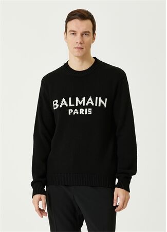 Balmain Erkek Siyah Logo Jakarlı Yün Triko S EU