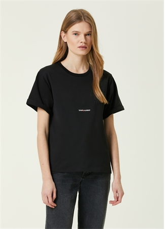 Kadın Siyah Bisiklet Yaka Logolu T-shirt XS EU