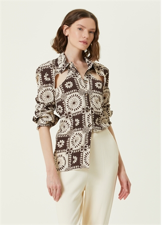 Nanushka Kadın Huyen Kahverengi Çiçekli Kesim Detaylı Gömlek Xs Eu