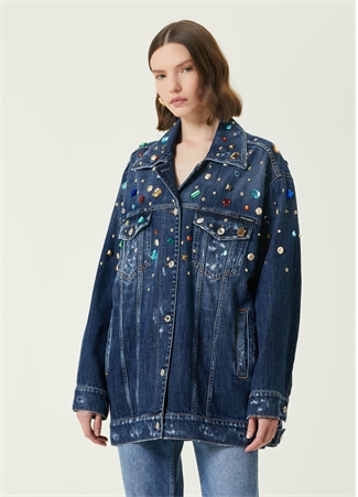 Dolce&gabbana Kadın Oversize Mavi Taş İşlemeli Jean Ceket 42 It Dolce&gabbana Kadın Oversize Mavi Taş İşlemeli Jean Ceket 42 It