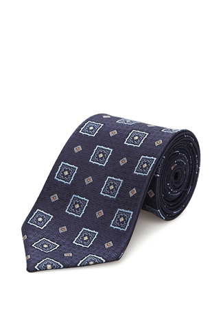 Canali Erkek Lacivert Desenli Çift Taraflı İpek Kravat EU