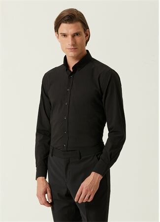 Network Erkek Slim Fit Siyah Balenli İngiliz Yaka Armürlü Gömlek 39 EU