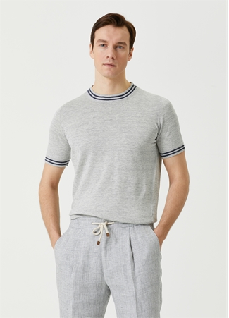Brunello Cucinelli Erkek Gri Şerit Detaylı Keten Triko 54 IT Brunello Cucinelli Erkek Gri Şerit Detaylı Keten Triko 54 IT