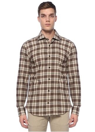 Eleventy Erkek Kahverengi Polo Yaka Ekose Desenli Gömlek 39 IT