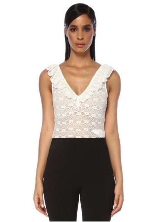 Maje Kadın Beyaz V Yaka Fırfırlı Dantel Bluz 3 FR