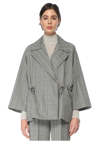 Beymen Collection Kadın Gri Ekose Desenli Beli Büzgülü Yün Ceket 34
