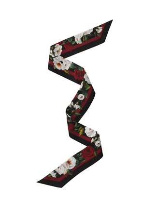 Dolce&Gabbana Kadın Siyah Kırmızı Çiçek Desenli İpek Fular EU