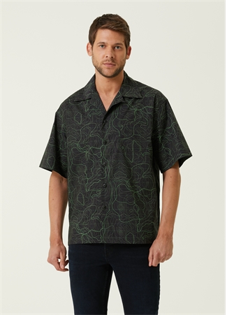 John Elliott Erkek Siyah Kamp Yaka Neon Çizgi Desenli Gömlek M EU