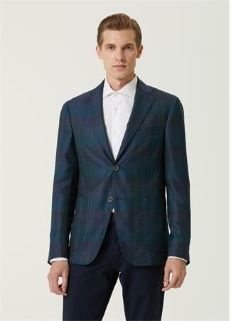 Pal Zileri Erkek Petrol Ekoseli Yün Ceket Mavi 50 IT