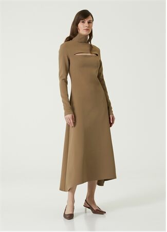 A.w.a.k.e. Mode Kadın Koyu Bej Balıkçı Yaka Asimetrik Midi Elbise 36 IT
