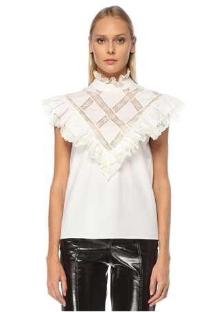 Philosophy di Lorenzo Serafini Kadın Beyaz Dik Yaka Dantel Garnili Fırfırlı Bluz 42 IT