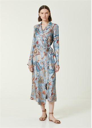 Etro Kadın Mavi Desenli Midi Kruvaze İpek Elbise 42 IT
