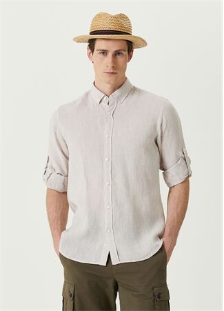 Fiji Erkek Slim Fit Bej Keten Gömlek S Eu