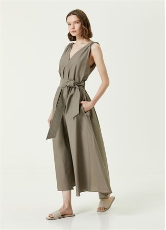 Brunello Cucinelli Kadın Kahverengi V Yaka Beli Kuşaklı Midi Elbise S EU