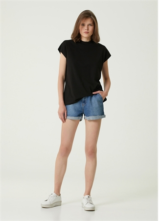 Network Kadın Basic Fit Siyah Dik Yaka T-shirt L EU