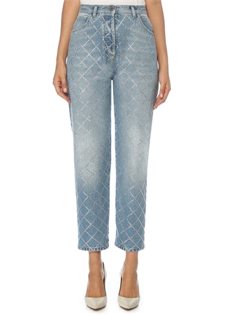 Balmain Kadın Yüksek Bel Taş Baskılı Boyfriend Jean Pantolon Mavi 38 Fr