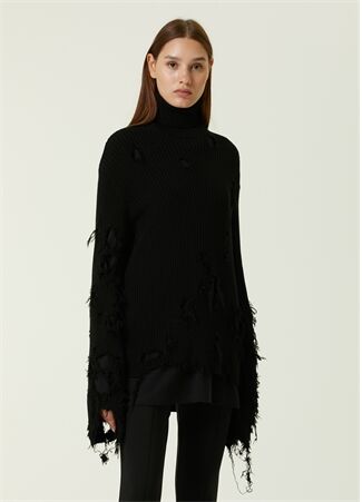 Balenciaga Kadın Siyah Balıkçı Yaka Yıpratmalı Kazak S EU