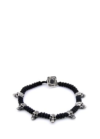 Boga Erkek Siyah Örgü Dokulu Kuru Kafalı Gümüş Rengi Bileklik EU