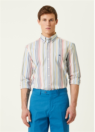 Etro Erkek Beyaz Renkli Çizgi Desenli Gömlek 39 IT Etro Erkek Beyaz Renkli Çizgi Desenli Gömlek 39 IT