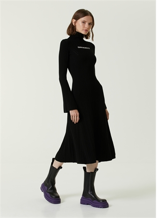 Off-White Kadın Siyah Balıkçı Yaka Midi Triko Elbise 38 IT