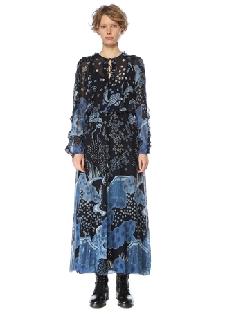 Red Valentino Kadın Mavi Çiçekli Fırfırlı Uzun Kol Maksi İpek Elbise 40 IT