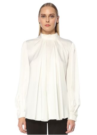 Alexander McQueen Kadın Beyaz Dik Yaka Pilili İpek Bluz 40 IT