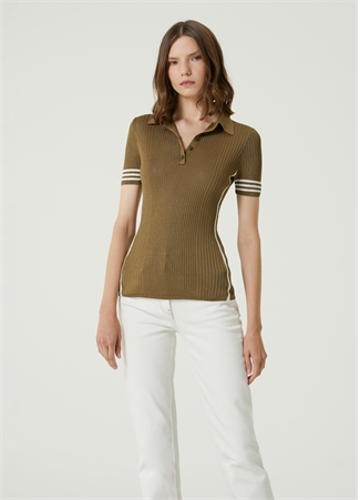 Rag&Bone Kadın Haki Polo Yaka Şeritli Kısa Kol Triko XS EU