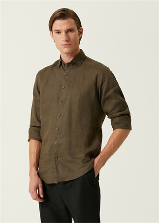 Network Erkek Comfort Fit Haki Keten Gömlek 42 EU