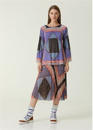 Beymen Club Kadın Colorblocked Pilili Karışık Desenli Midi Etek Mavi 36