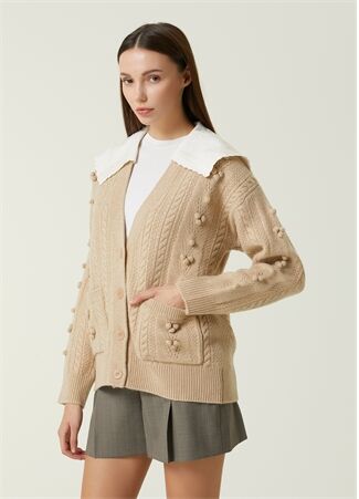 Sandro Kadın Bej Yaka Detaylı Yün Hırka 0 US