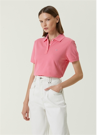 Tommy Jeans Kadın Slim Fit Pembe Polo Yaka Organik Pamuk T-shirt L EU Tommy Jeans Kadın Slim Fit Pembe Polo Yaka Organik Pamuk T-shirt L EU