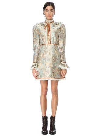 Zimmermann Kadın Mavi Desenli Dantel Garnili Yün Mini Elbise US