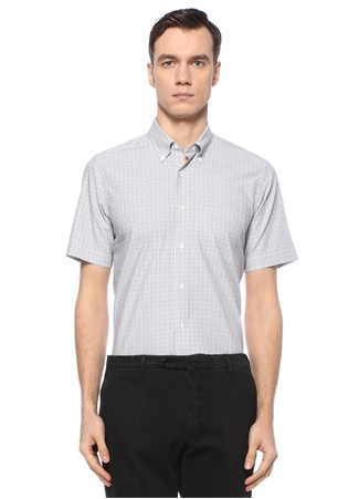 Pal Zileri Erkek Beyaz Polo Yaka Kareli Kısa Kol Gömlek 38 IT