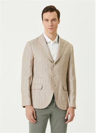 Brunello Cucinelli Erkek Bej Çizgi Desenli Keten Ceket 52 IT Brunello Cucinelli Erkek Bej Çizgi Desenli Keten Ceket 52 IT