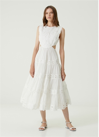 Zimmermann Kadın Cassia Yoke Ekru Nakışlı Midi Elbise Beyaz 2 US