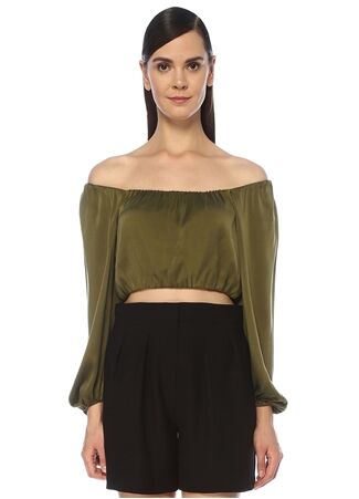 Alice+Olivia Kadın Haki Kayık Yaka Cropped İpek Bluz L EU