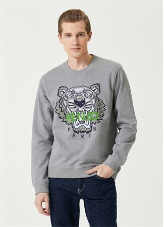 Kenzo Erkek Gri Kaplan Nakışlı Logolu Sweatshirt S EU