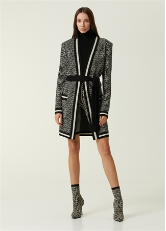 Balmain Kadın Siyah Beyaz Desenli Beli Kuşaklı Hırka 36 FR