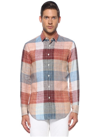 Pal Zileri Erkek Turuncu Kareli İngiliz Yaka Keten Gömlek 40 IT