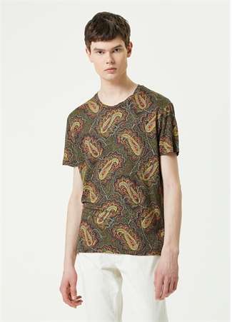 Etro Erkek Haki Etnik Desenli Keten T-shirt Yeşil S EU