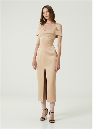 Rasario Kadın Bej Düşük Omuzlu Midi Kokteyl Elbise 36 IT