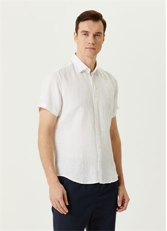 Boss Erkek Beyaz Keten Kısa Kollu Gömlek L EU