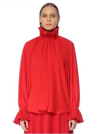 Balenciaga Kadın Kırmızı Dik Yaka Fırfırlı Uzun Kol Bluz 34 IT