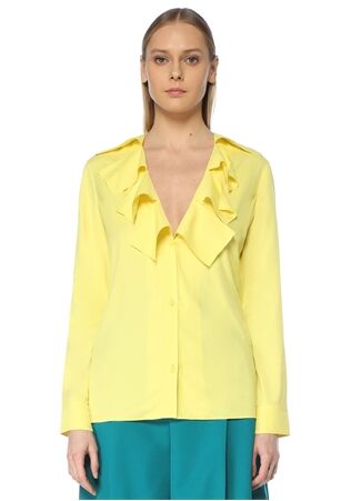 Bottega Veneta Kadın Sarı V Yaka Fırfırlı Uzun Kol Bluz 40 IT