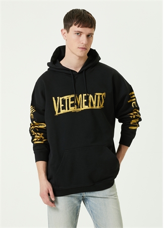 VETEMENTS Erkek Siyah Kapüşonlu Logo Baskılı Sweatshirt S EU VETEMENTS Erkek Siyah Kapüşonlu Logo Baskılı Sweatshirt S EU