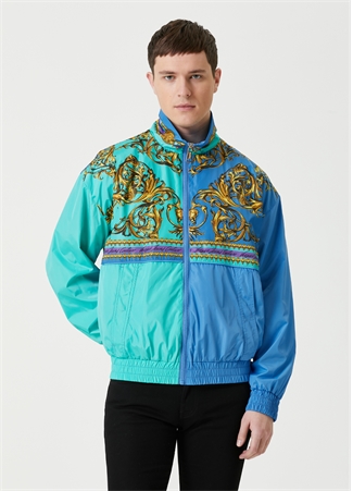 Versace Jeans Couture Erkek Mavi Yeşil Barok Desenli Mont 52 IT