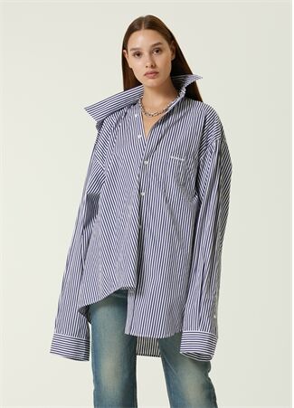 Balenciaga Kadın Lacivert Beyaz Çizgili Asimetrik Gömlek XS EU Balenciaga Kadın Lacivert Beyaz Çizgili Asimetrik Gömlek XS EU