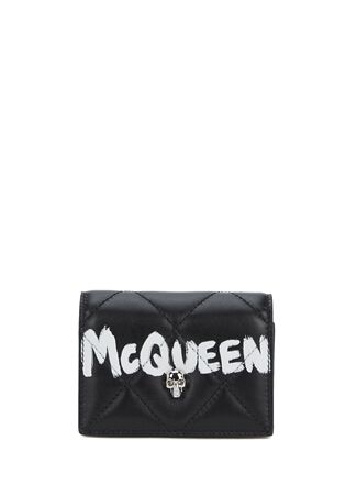 Alexander McQueen Kadın Siyah Logo Baskılı Deri Kartlık EU