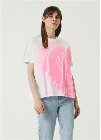 Moncler Kadın Beyaz Pembe Bisiklet Yaka Logolu T-shirt M EU
